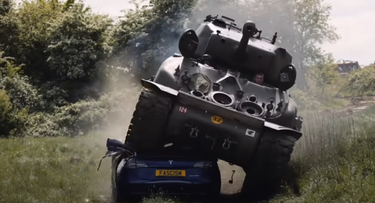 Video: War veteran smashes Tesla with tank in blunt message to Musk
